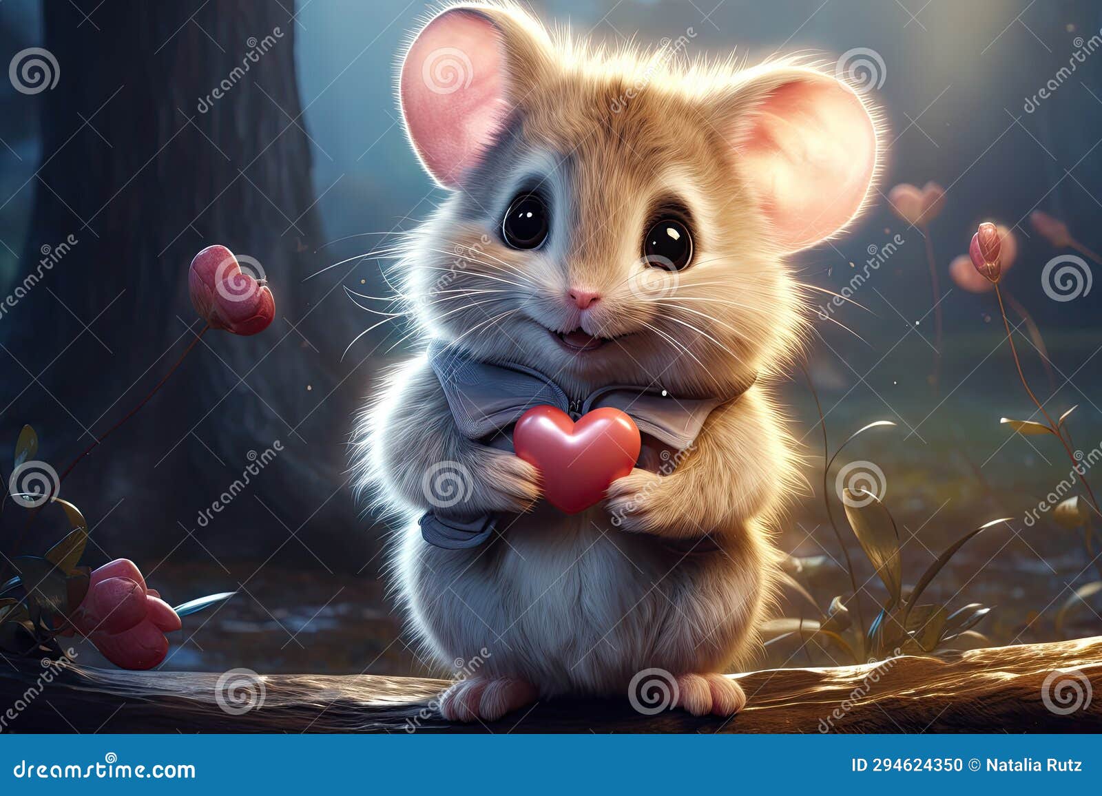A Little Mouse Stand on His Feet in the Forest and Holding a Heart ...
