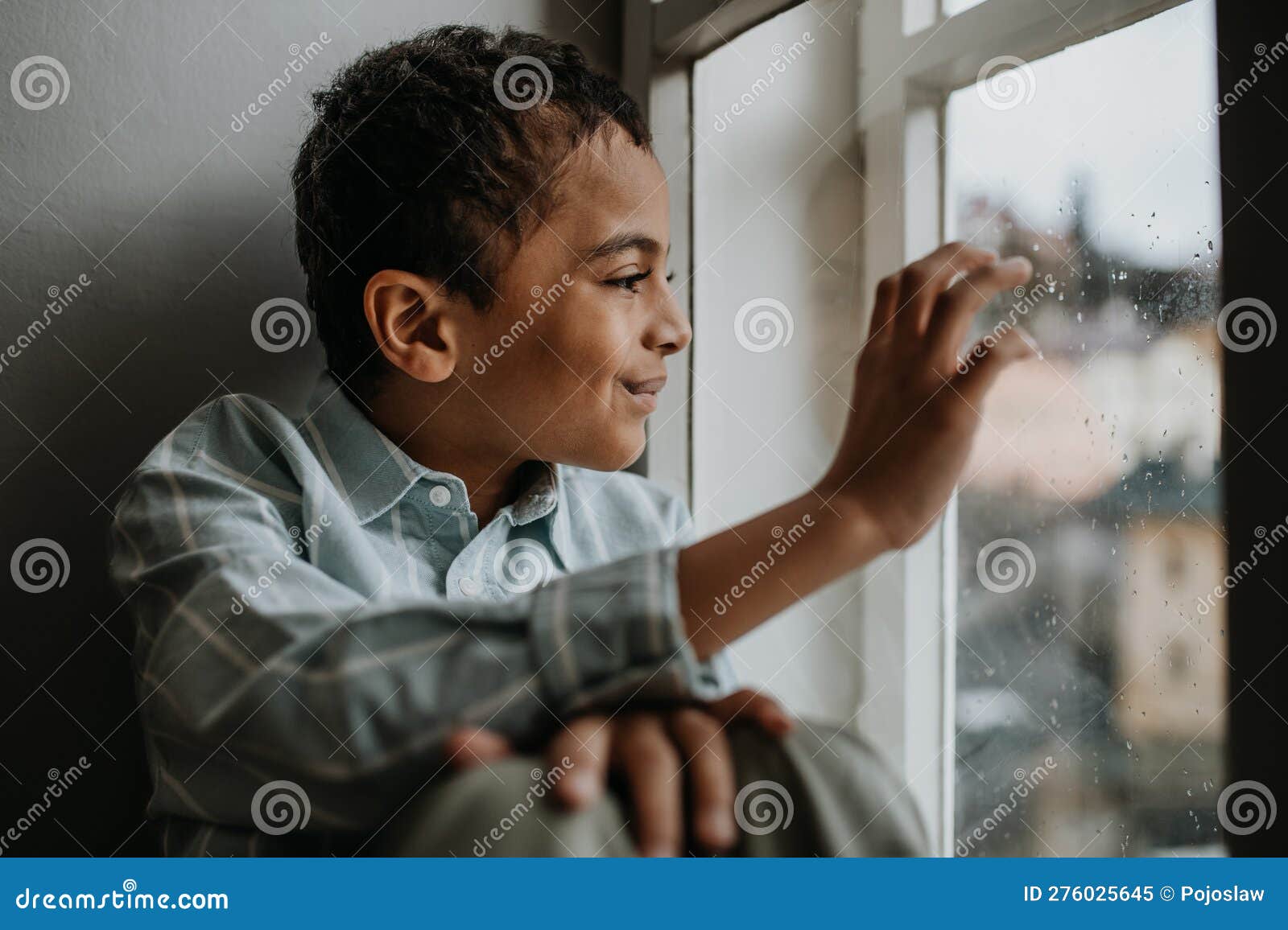 Little Multiracial Boy Looking Out of Window. Stock Image - Image of ...
