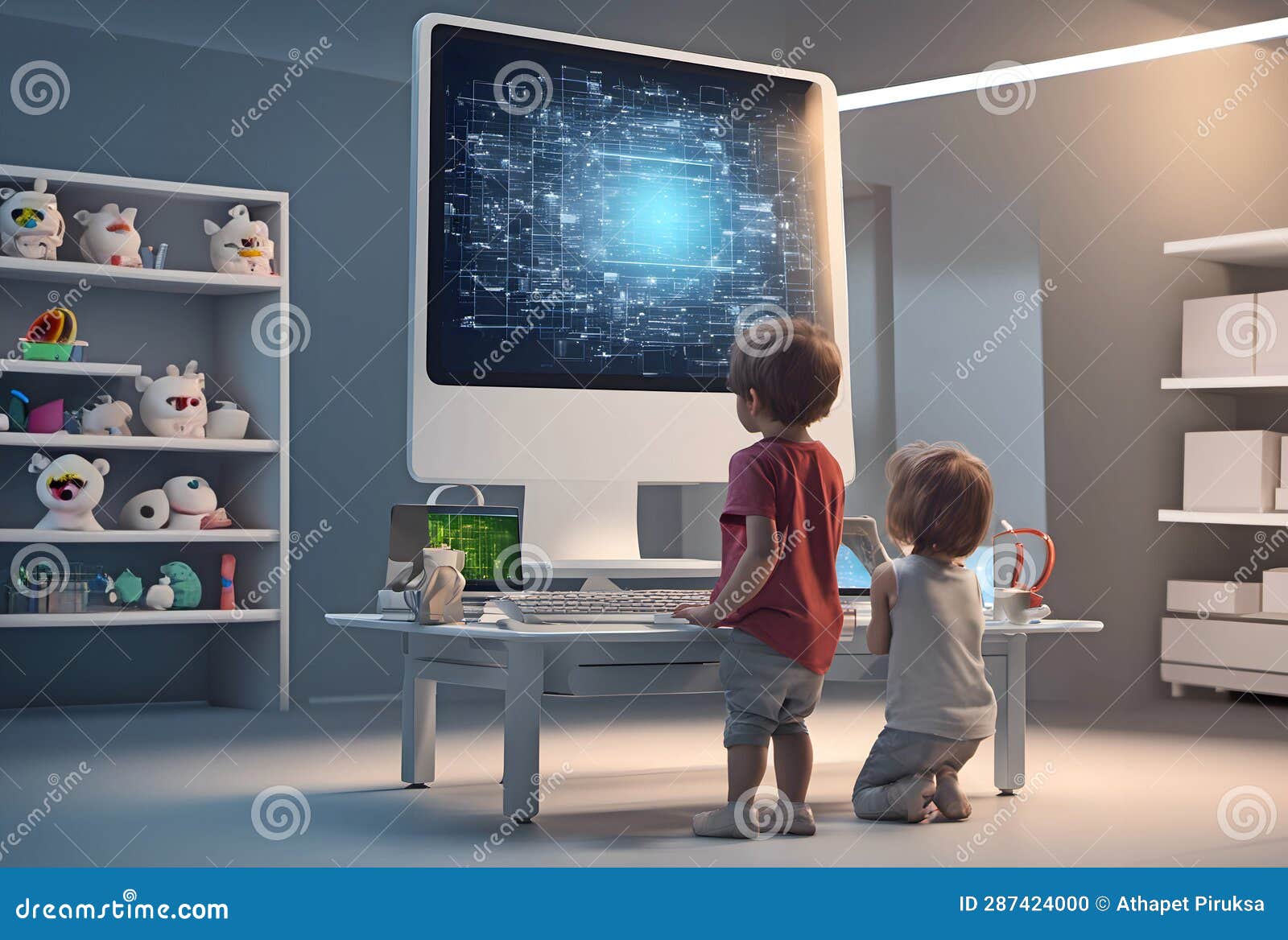 Little New Age Kids Learn with High Technology Computer, AI Generated ...