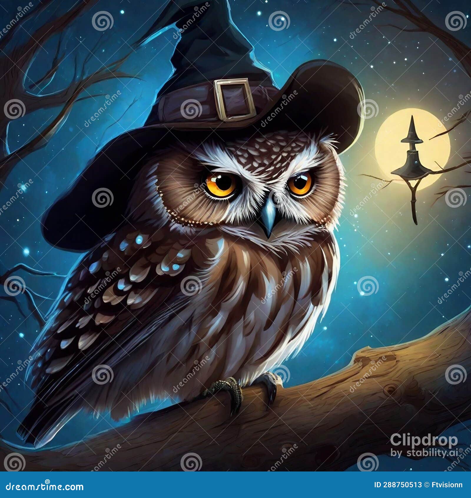 Little Owl with Witch Hat on a Tree and Torch Behind in the Night Stock ...