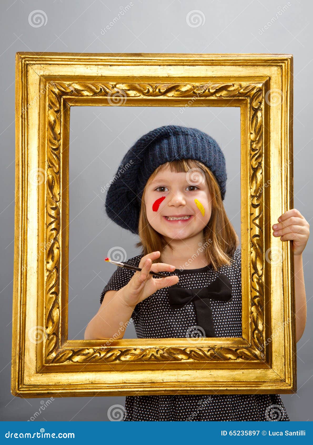 Little Painter Girl Looking through a Vintage Picture Frame Stock Image ...