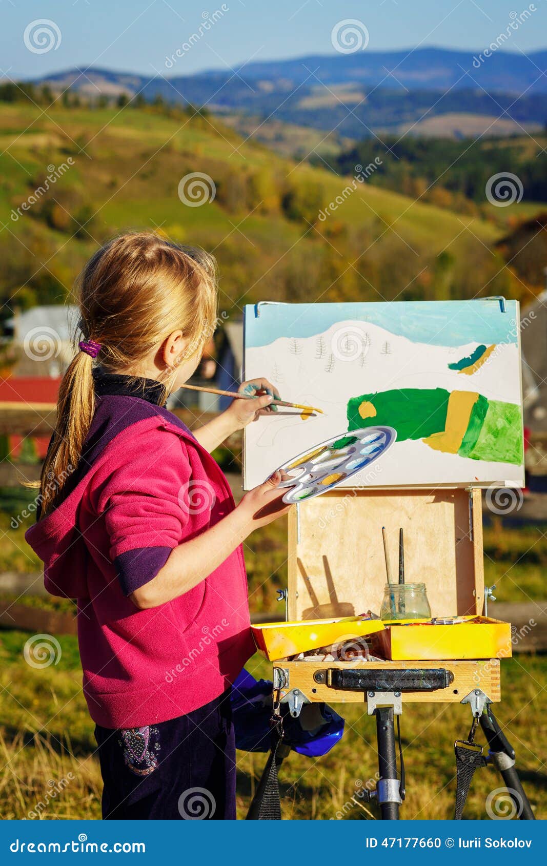 Little Painter at Work Near Waterfall Stock Photo - Image of canvas ...