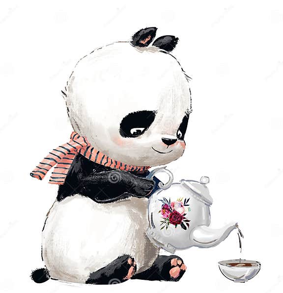 Little Panda with tea stock illustration. Illustration of design ...
