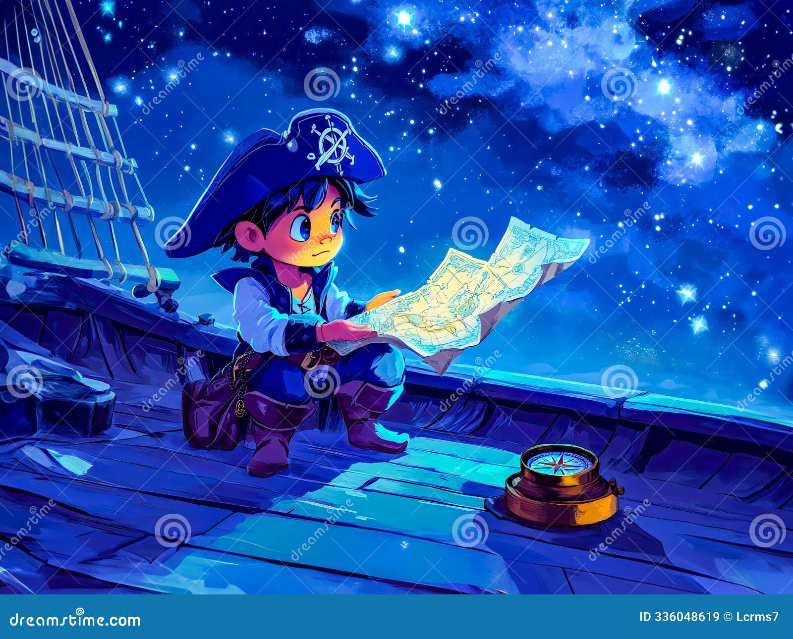 Little Pirate Navigating by Stars and Compass with Treasure Map at ...
