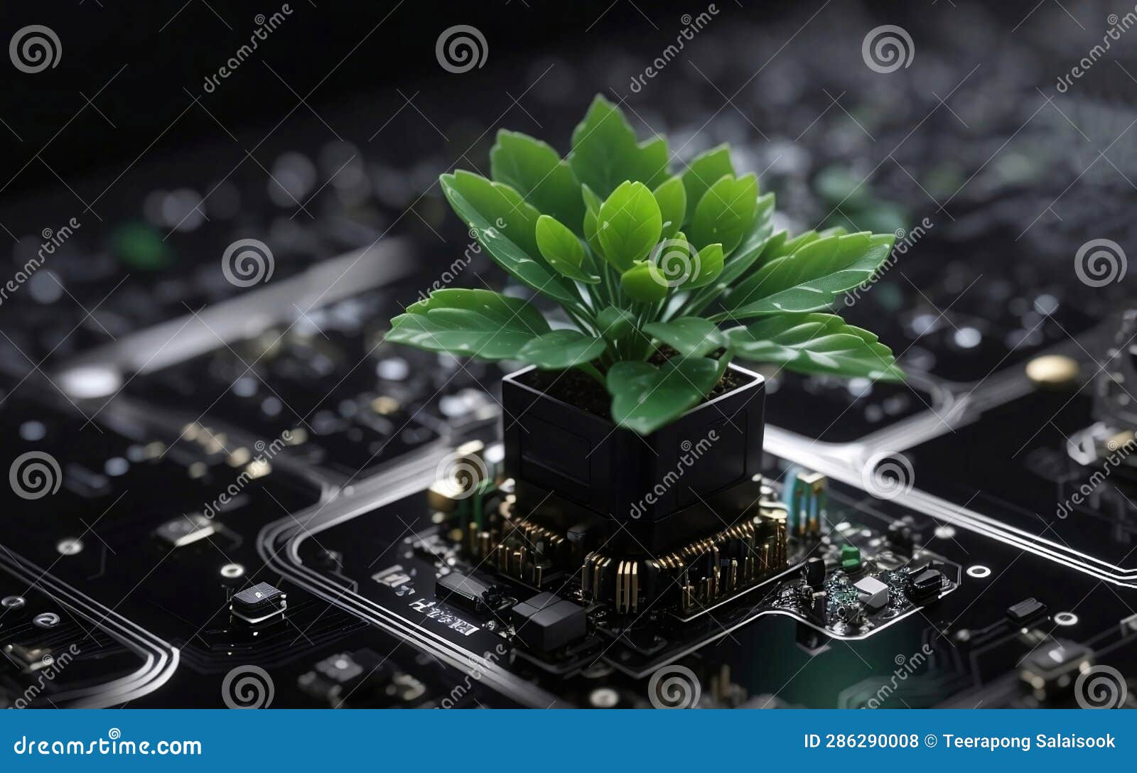 Little Plant Growing on Computer Mainboard, Generative AI Illustration ...