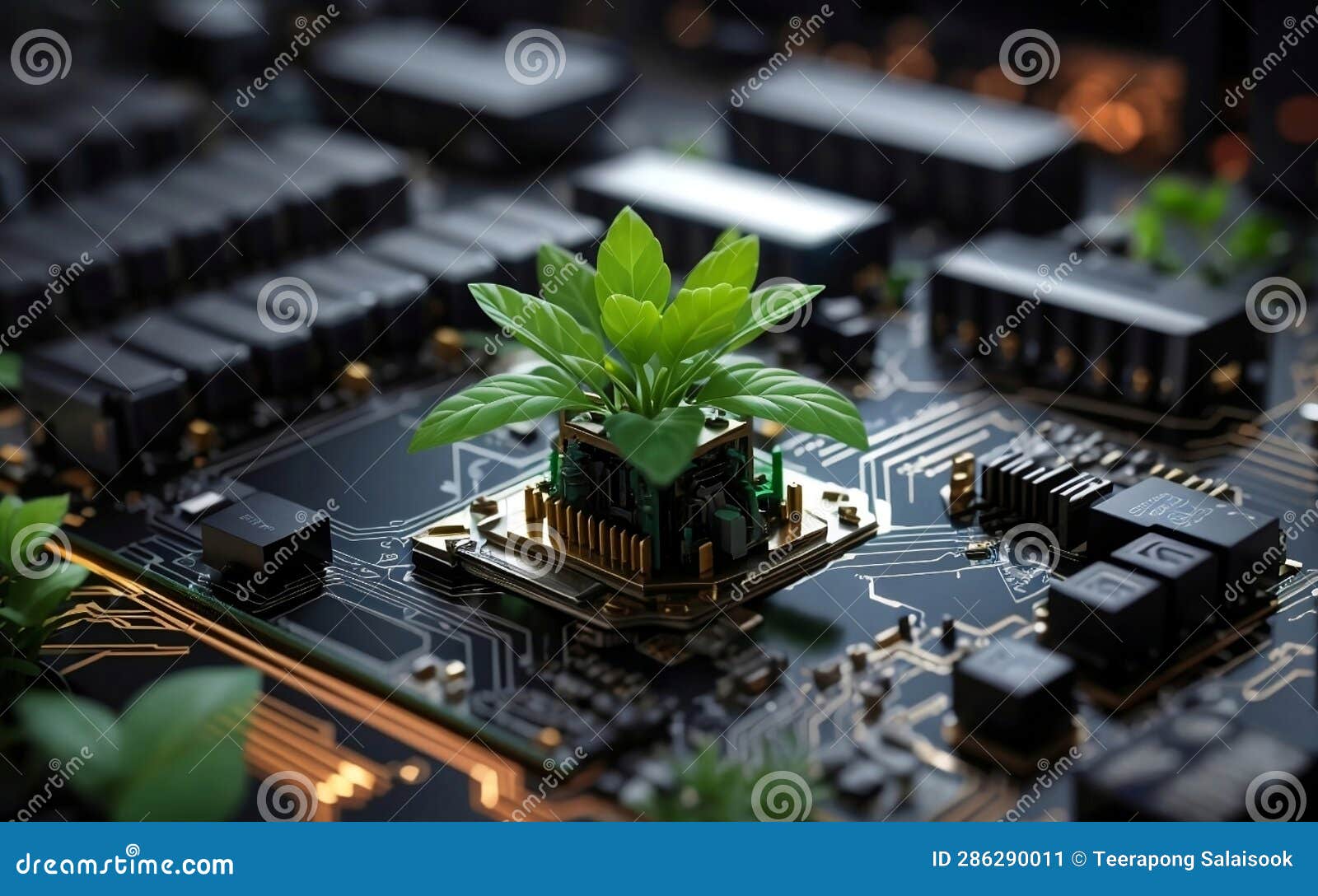 Little Plant Growing on Computer Mainboard, Generative AI Illustration ...