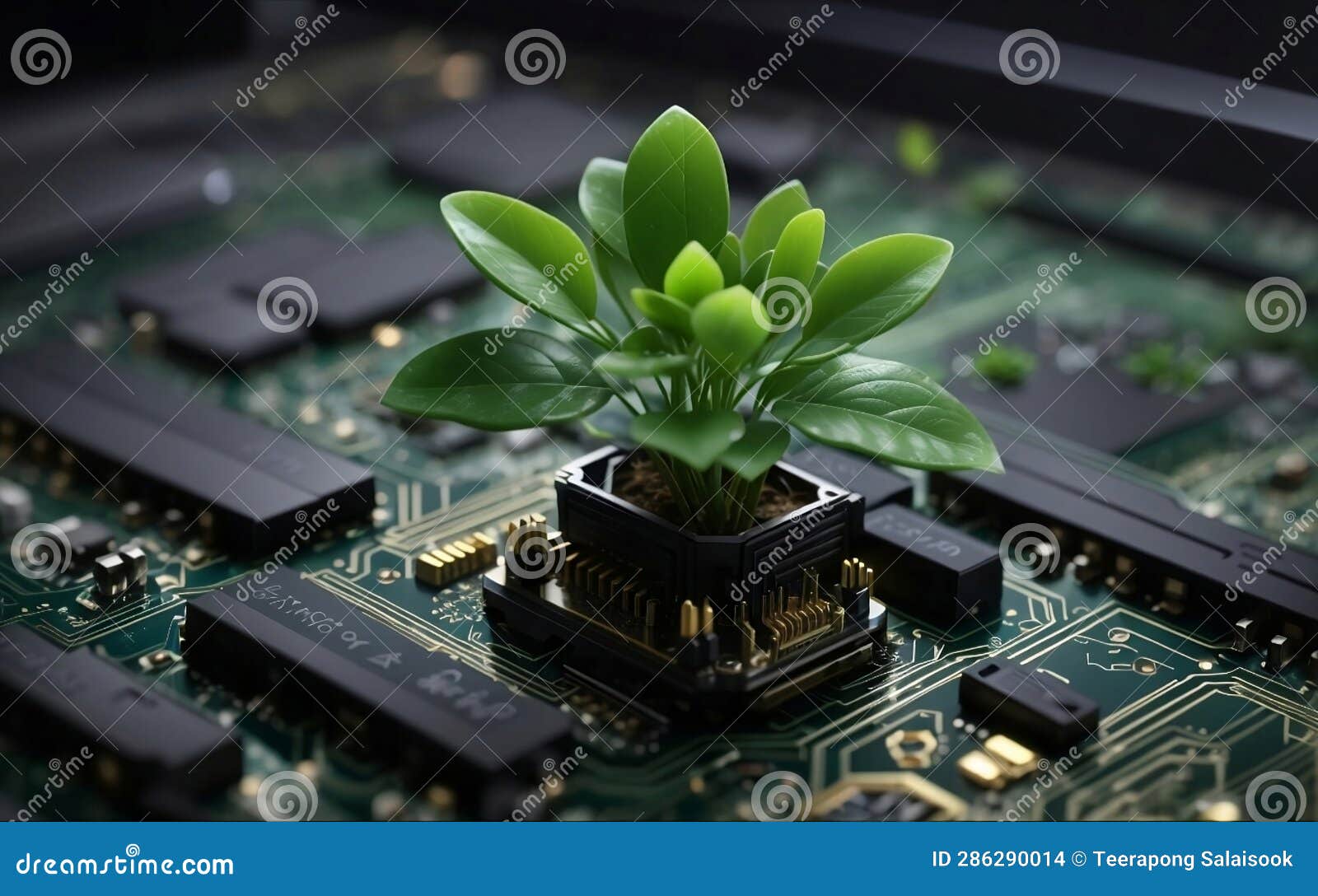 Little Plant Growing on Computer Mainboard, Generative AI Illustration ...