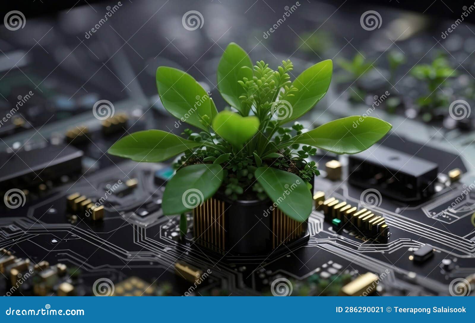 Little Plant Growing on Computer Mainboard, Generative AI Illustration ...