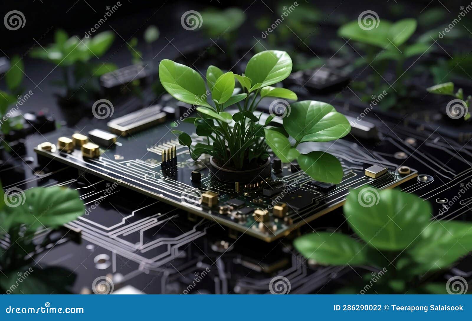 Little Plant Growing on Computer Mainboard, Generative AI Illustration ...