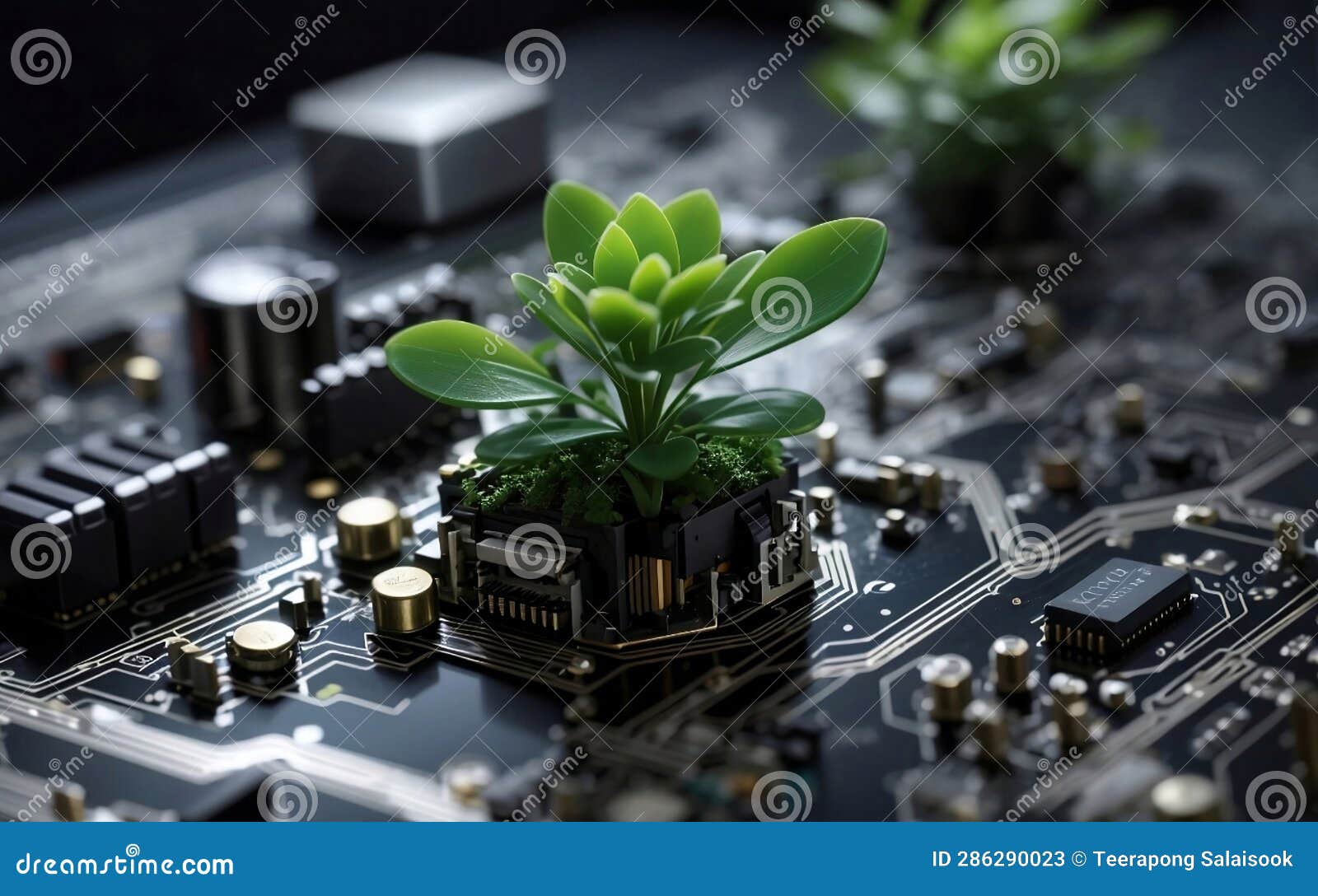 Little Plant Growing on Computer Mainboard, Generative AI Illustration ...
