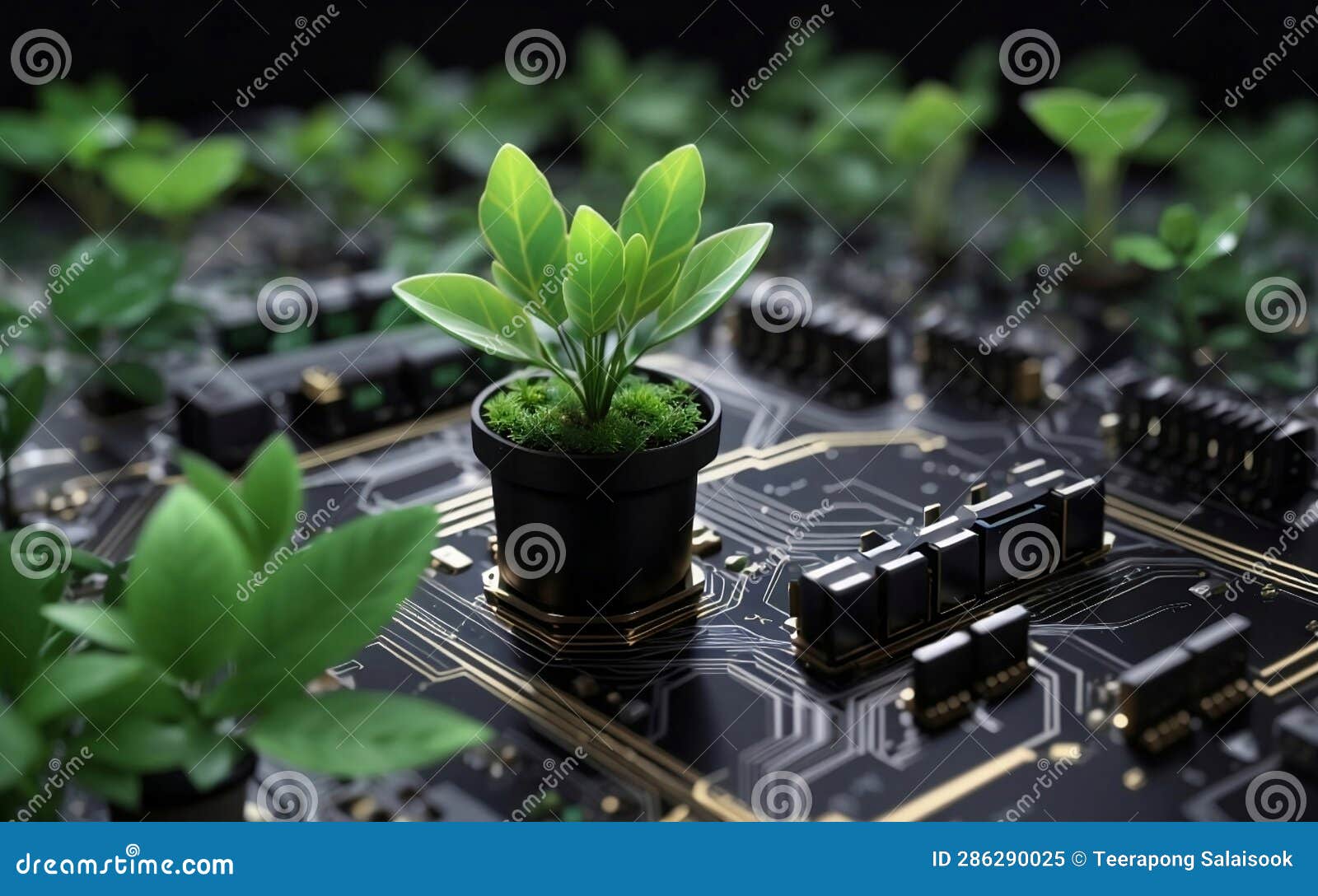 Little Plant Growing on Computer Mainboard, Generative AI Illustration ...