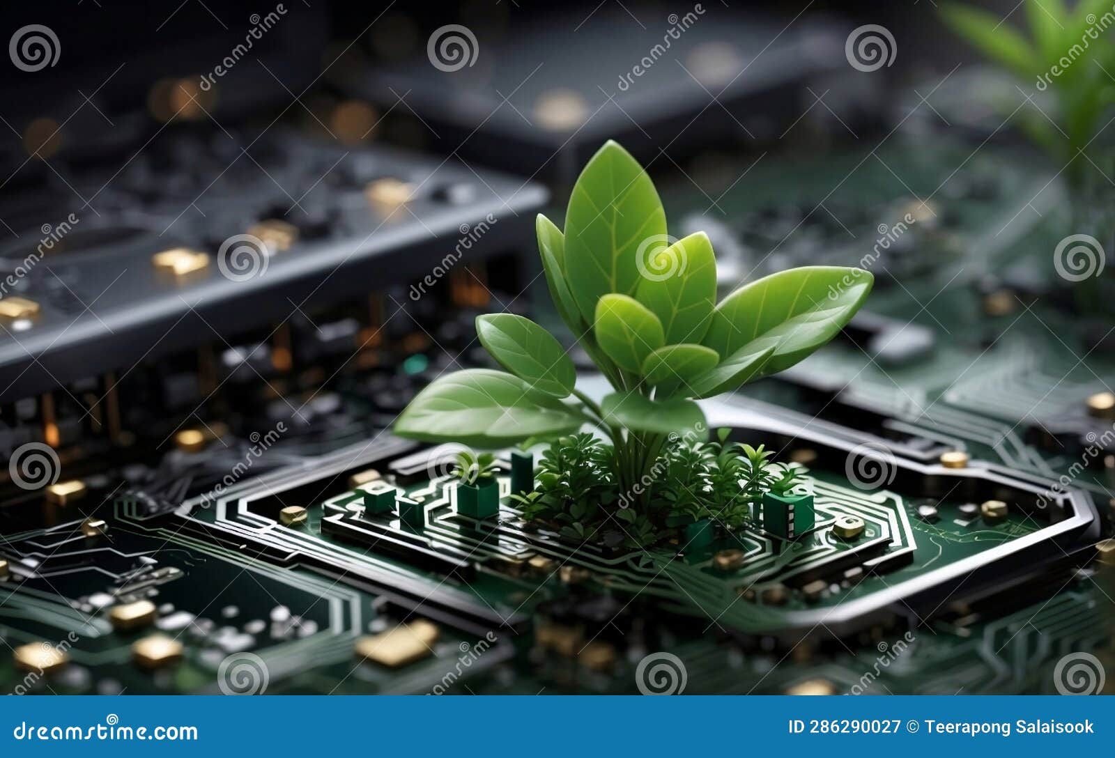 Little Plant Growing on Computer Mainboard, Generative AI Illustration ...