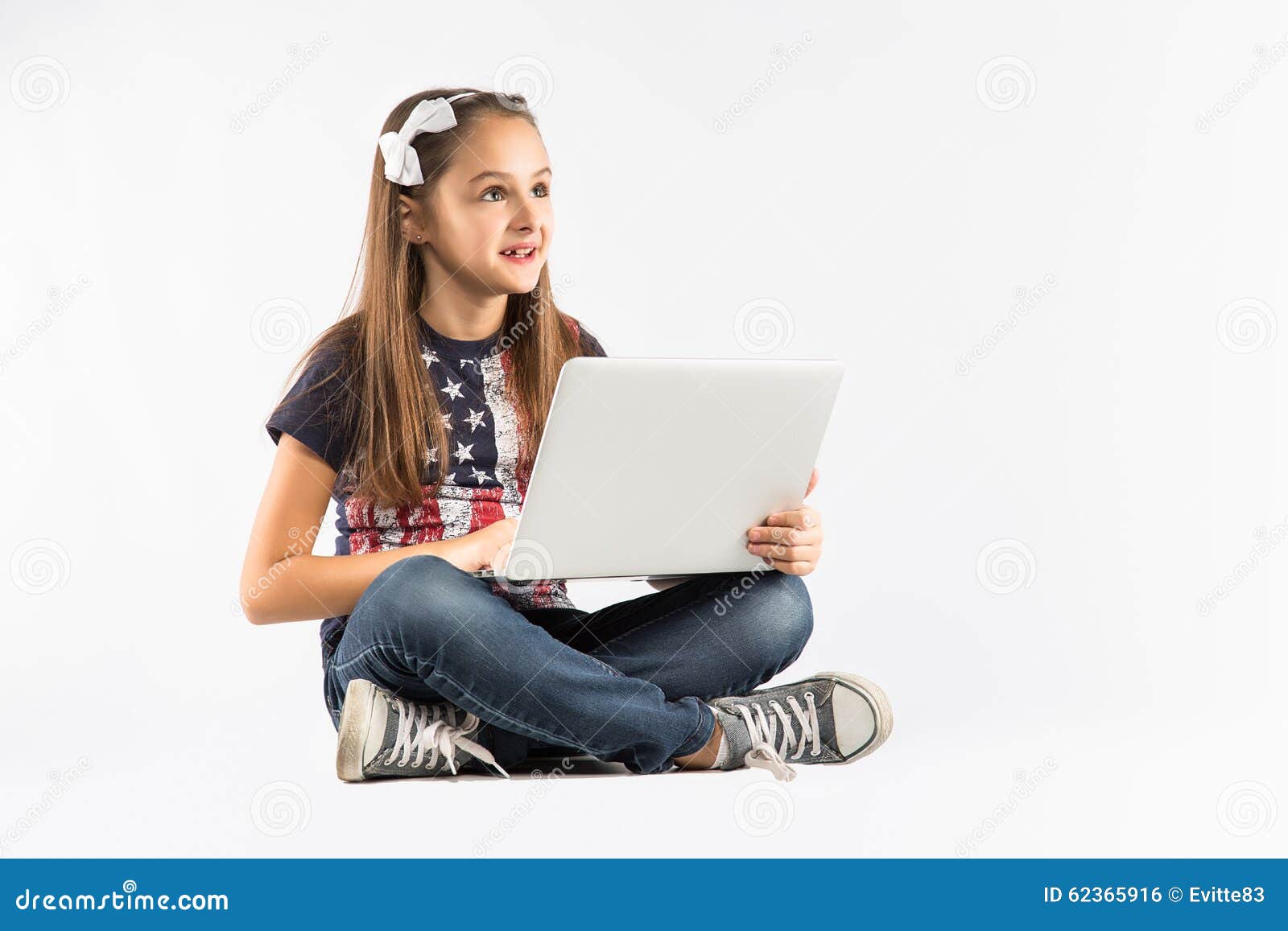 Little Pretty Girl Studying with Computer. Isolated on White Background ...