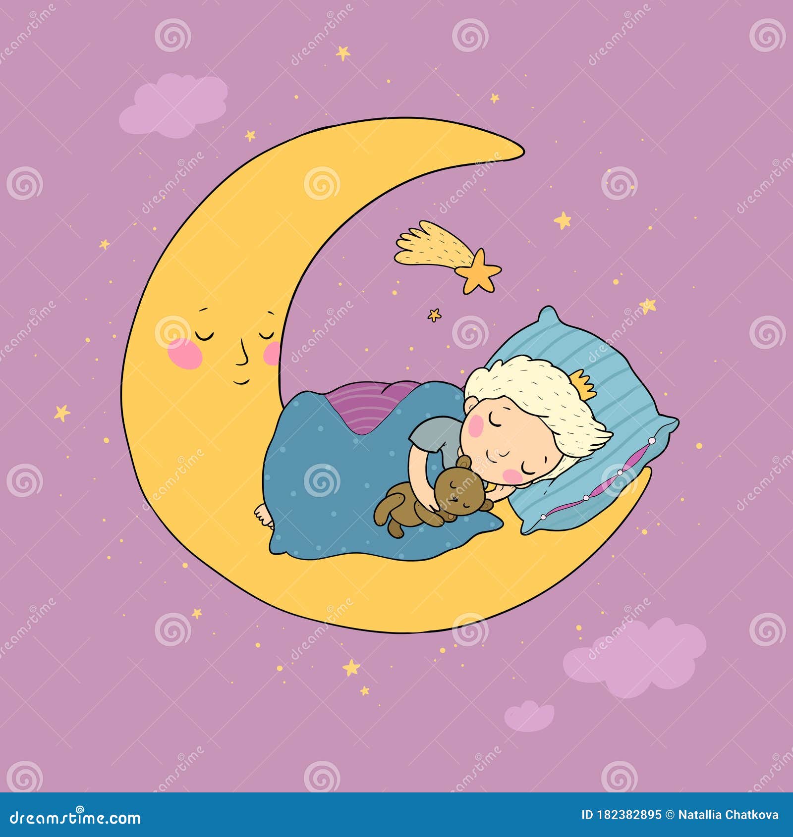The Little Prince is Sleeping on the Moon. Cute Cartoon Boy in Bed ...