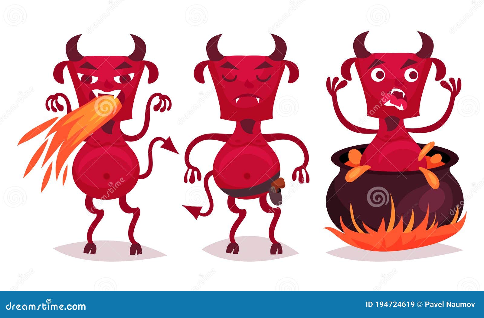 Little Red Devil with Beard, Fangs and Horns Vector Set Stock Vector ...