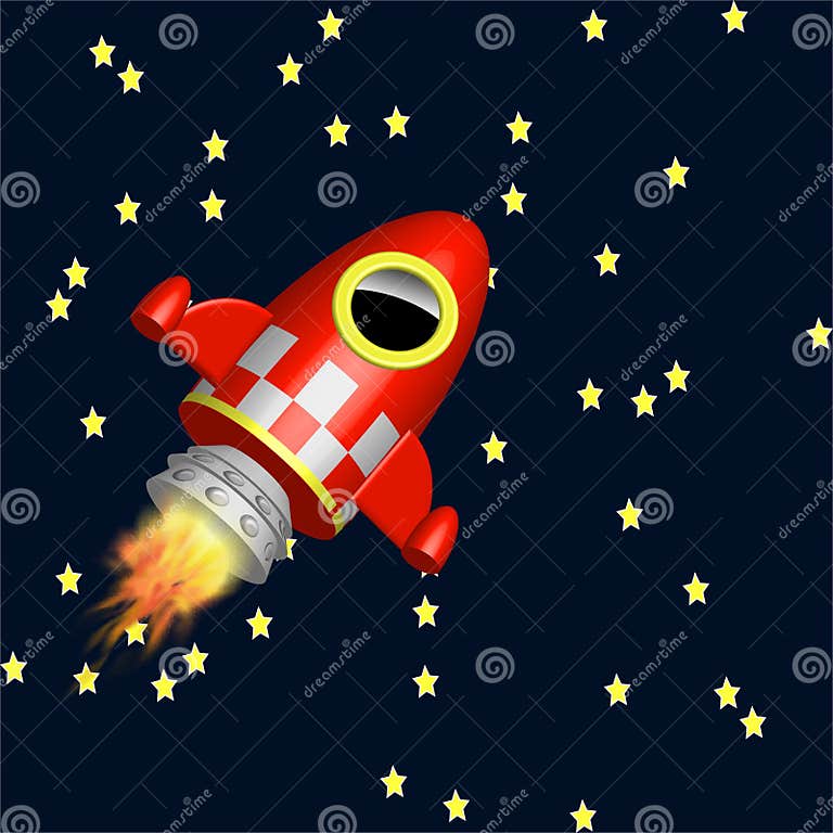 Little Red Rocket Ship Flying in the Universe Stock Illustration ...
