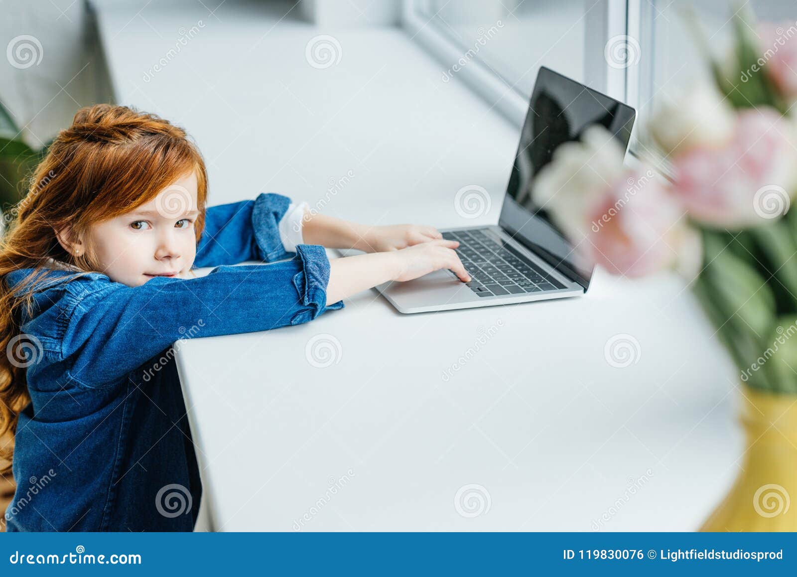 Little Redhead Child Using Laptop Stock Photo - Image of child, redhead ...