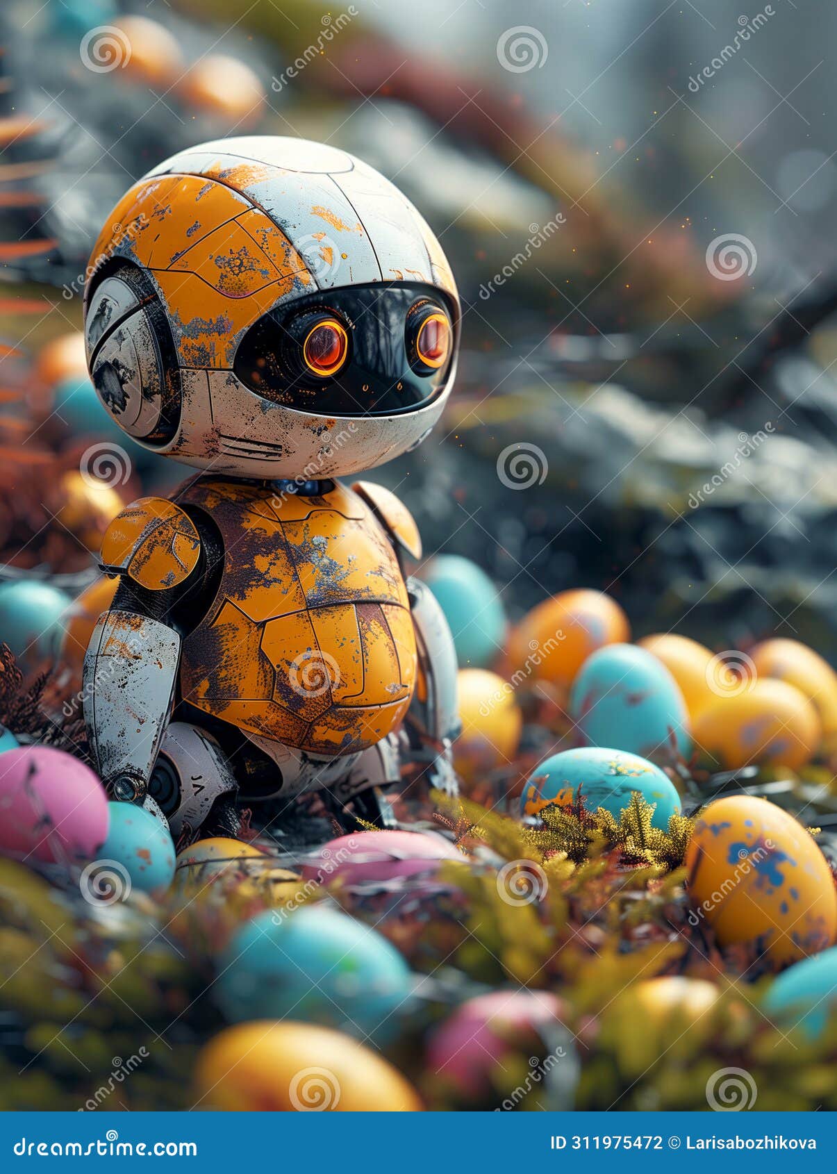 Little Robot with Easter Eggs in the Forest Stock Illustration ...