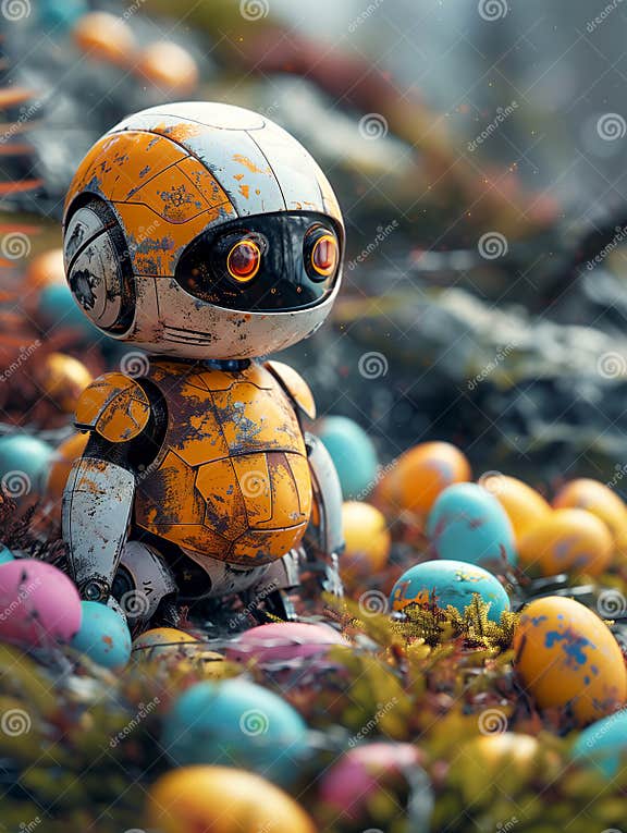 Little Robot with Easter Eggs in the Forest Stock Illustration ...