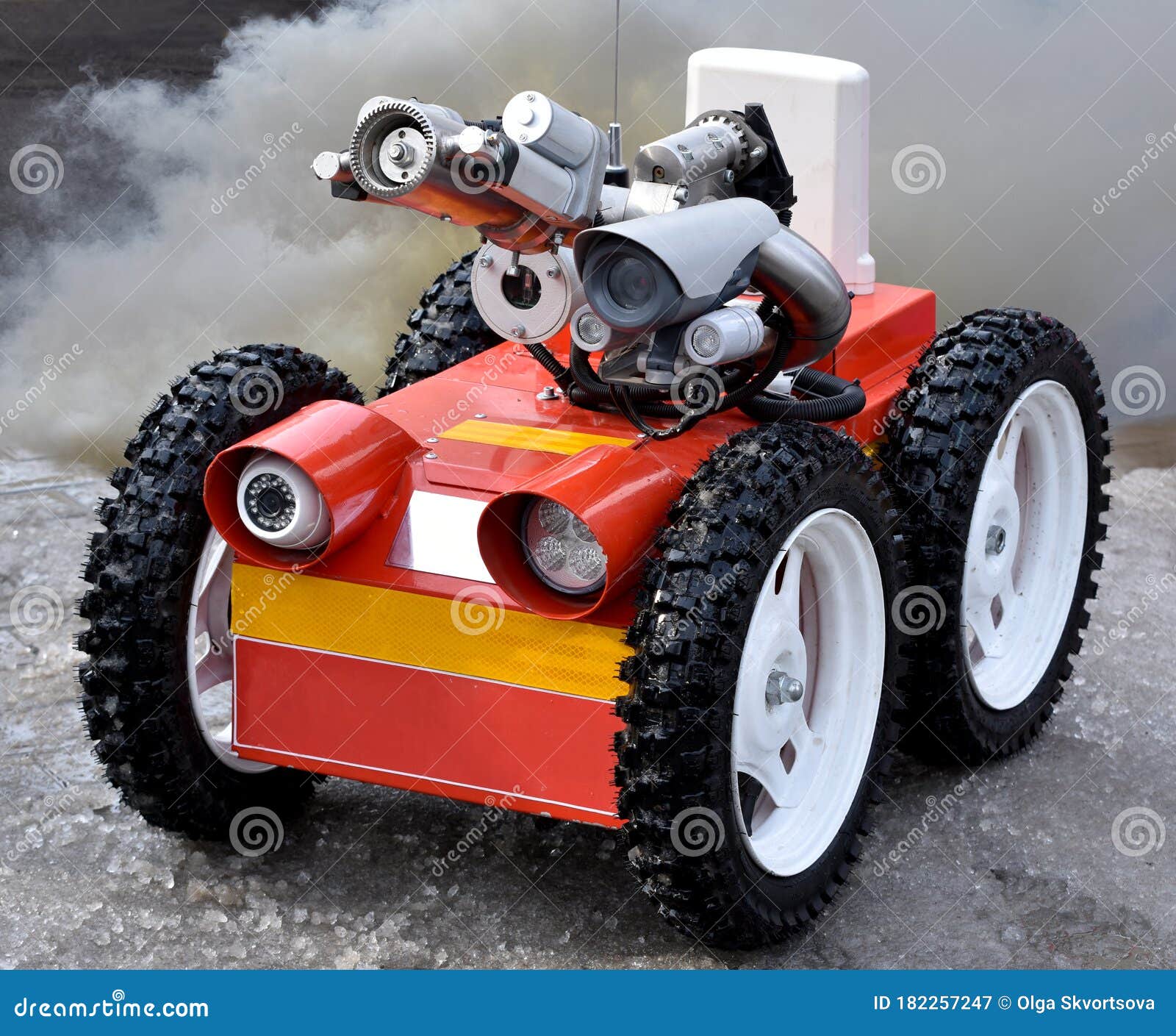 Little Robot Fireman on Smoke Background Stock Image - Image of ...
