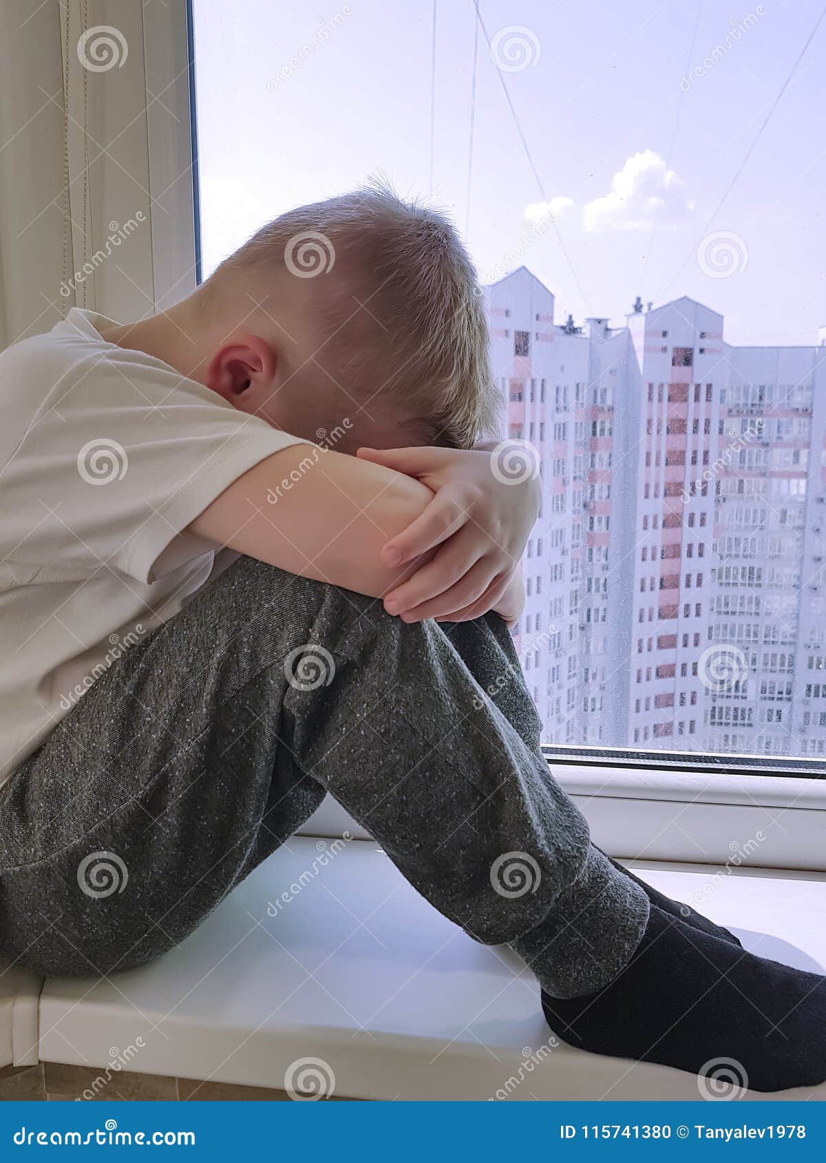 Little Sad Boy Sits Expression Problem Cries Unhappy on a Window with a ...