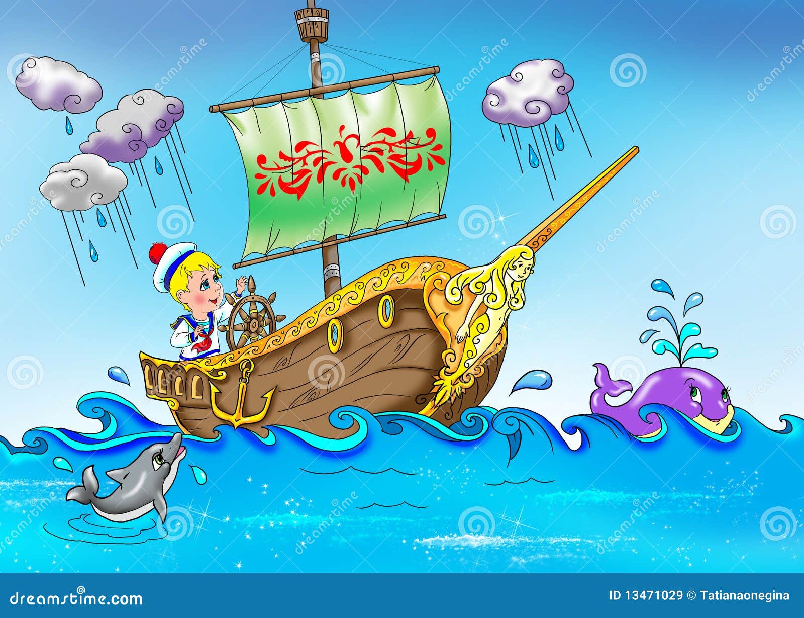 Colorful Drawing of the Little Sailor Boy on the Boat in the Sea Stock ...