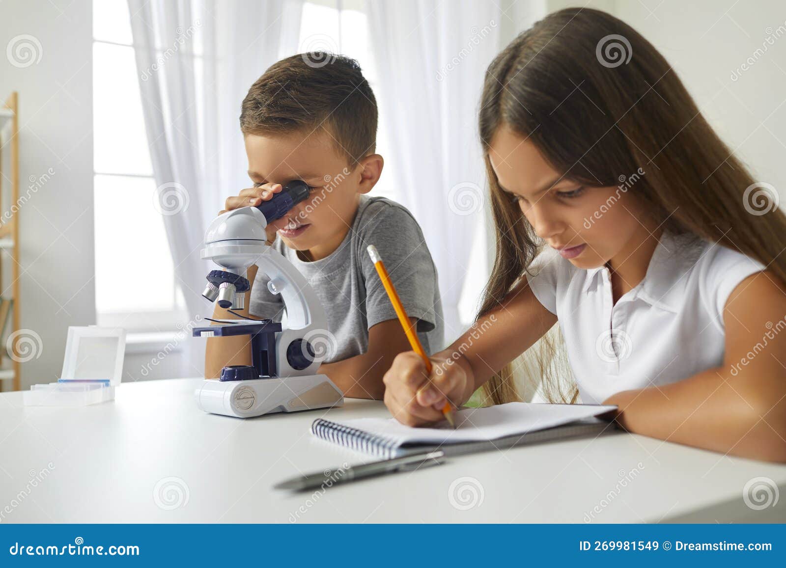 Little School Boy and Girl Taking Notes while Studying Something Under ...