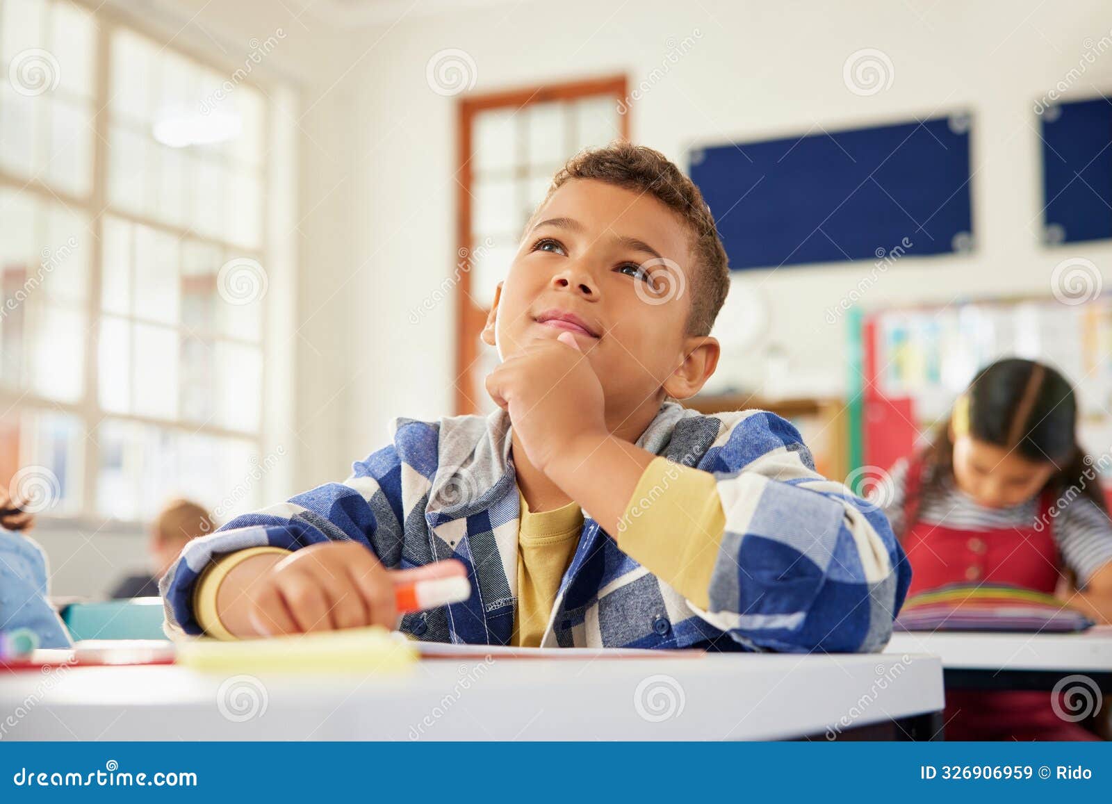 Little School Boy Thinking in Classroom Stock Image - Image of imagine ...