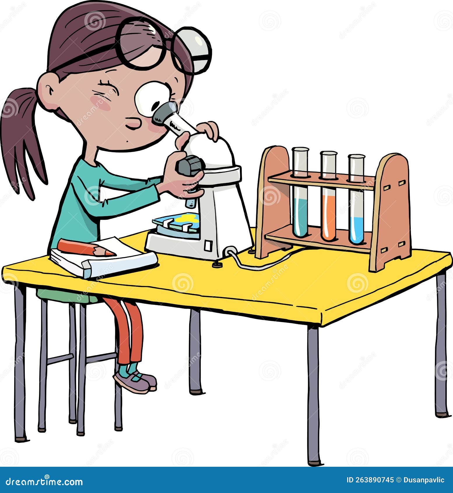 Girl with a Microscope is Doing an Experiment and Writing Down the ...