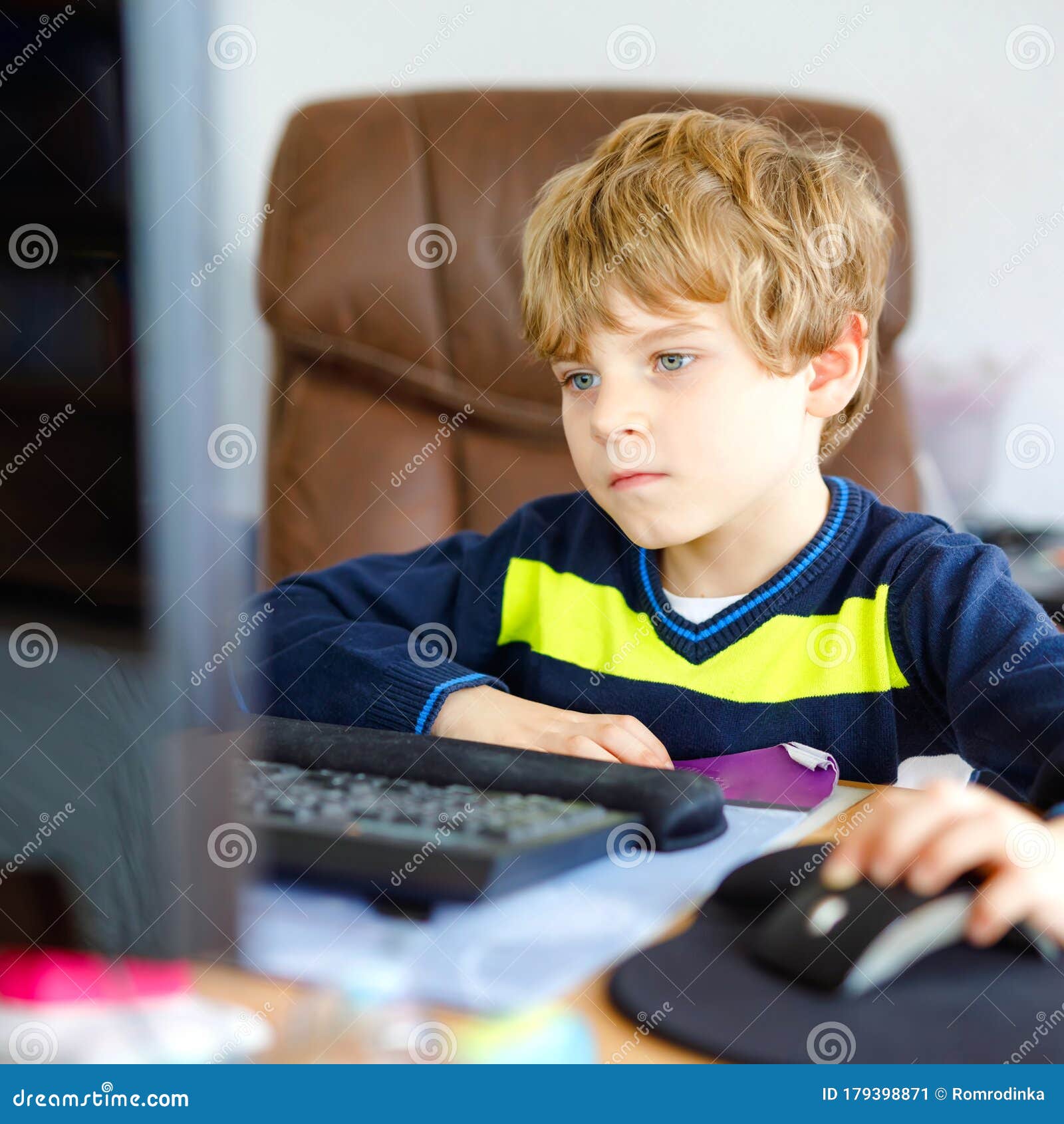 Little School Kid Boy Making School Homework on Computer. Child ...