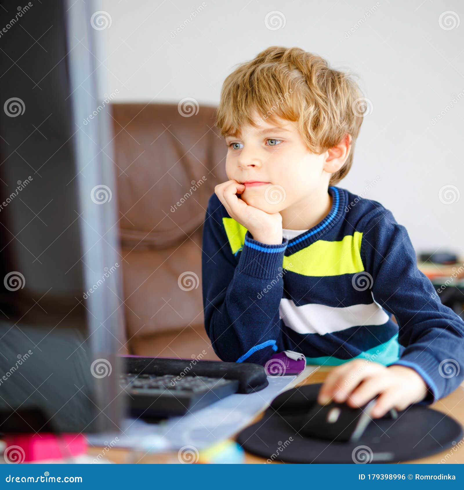 Little School Kid Boy Making School Homework on Computer. Child ...