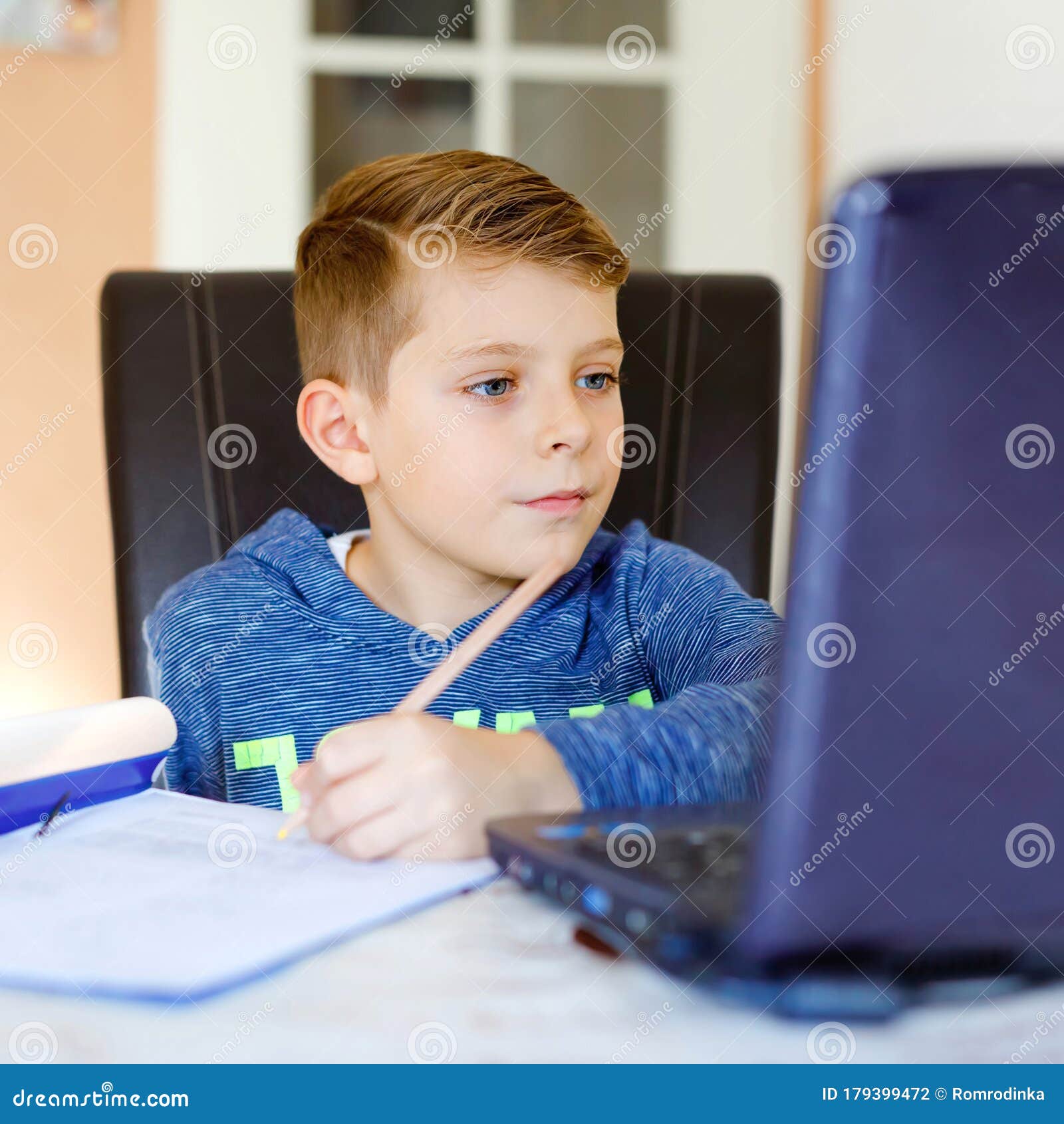 Little School Kid Boy Making School Homework on Computer. Child ...