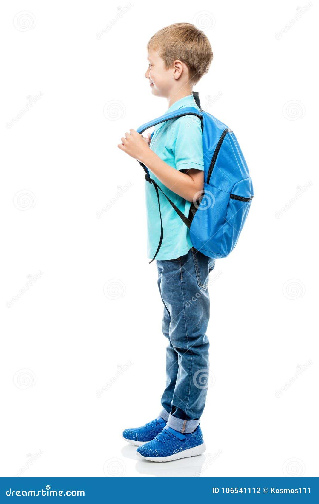 Little Schoolboy with Backpack Side View on a White Stock Photo - Image ...