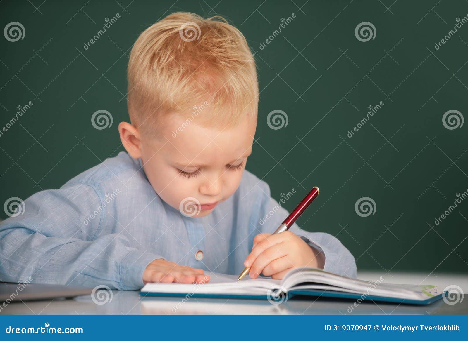 Little Schoolboy Study in a Classroom at Elementary School. Kid Writing ...