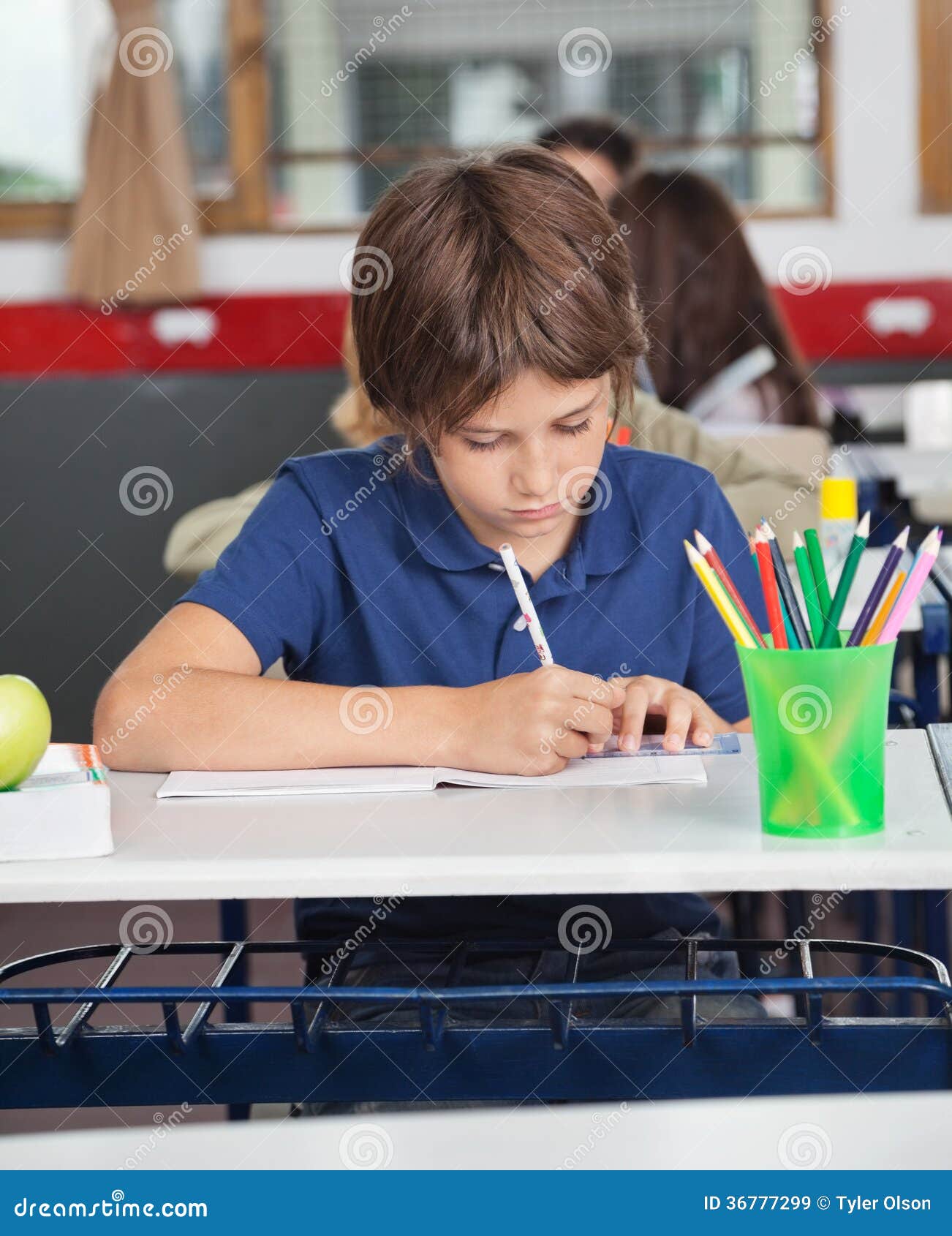 Little Schoolboy Studying at Desk Stock Image - Image of elementary ...