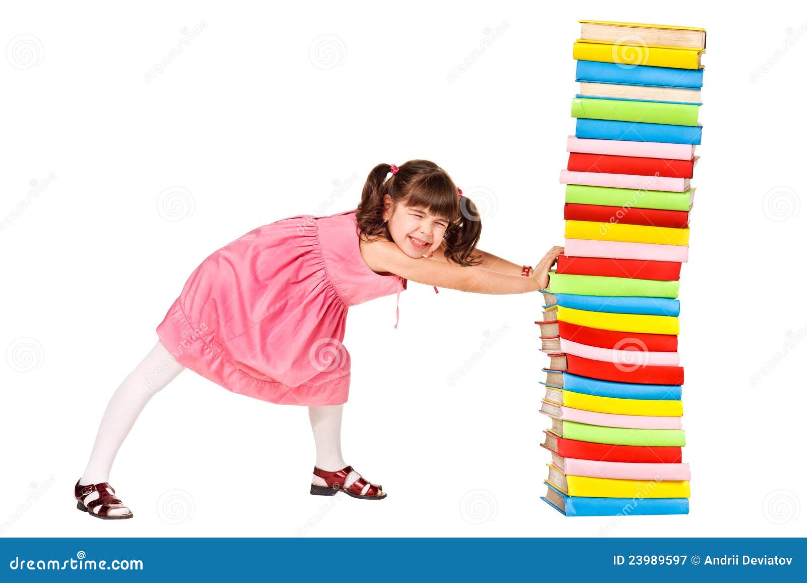 Little Schoolgirl Push a Stack of Heavy Books Stock Image - Image of ...