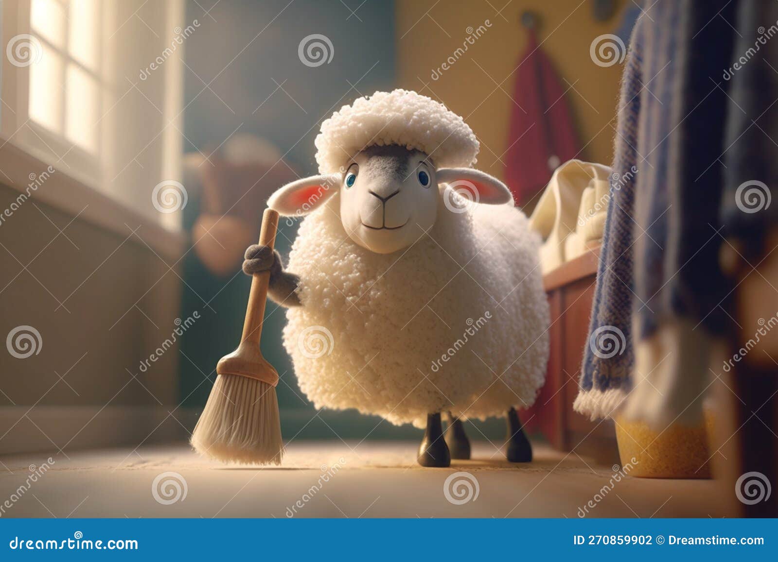 Little Sheep Cleaning Its House with Broom and Cleaning Tools Stock ...