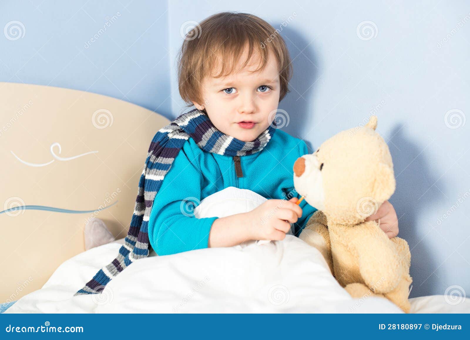 Little Sick Baby Boy Checking Teddy Bear S Body Temperature Stock Image ...