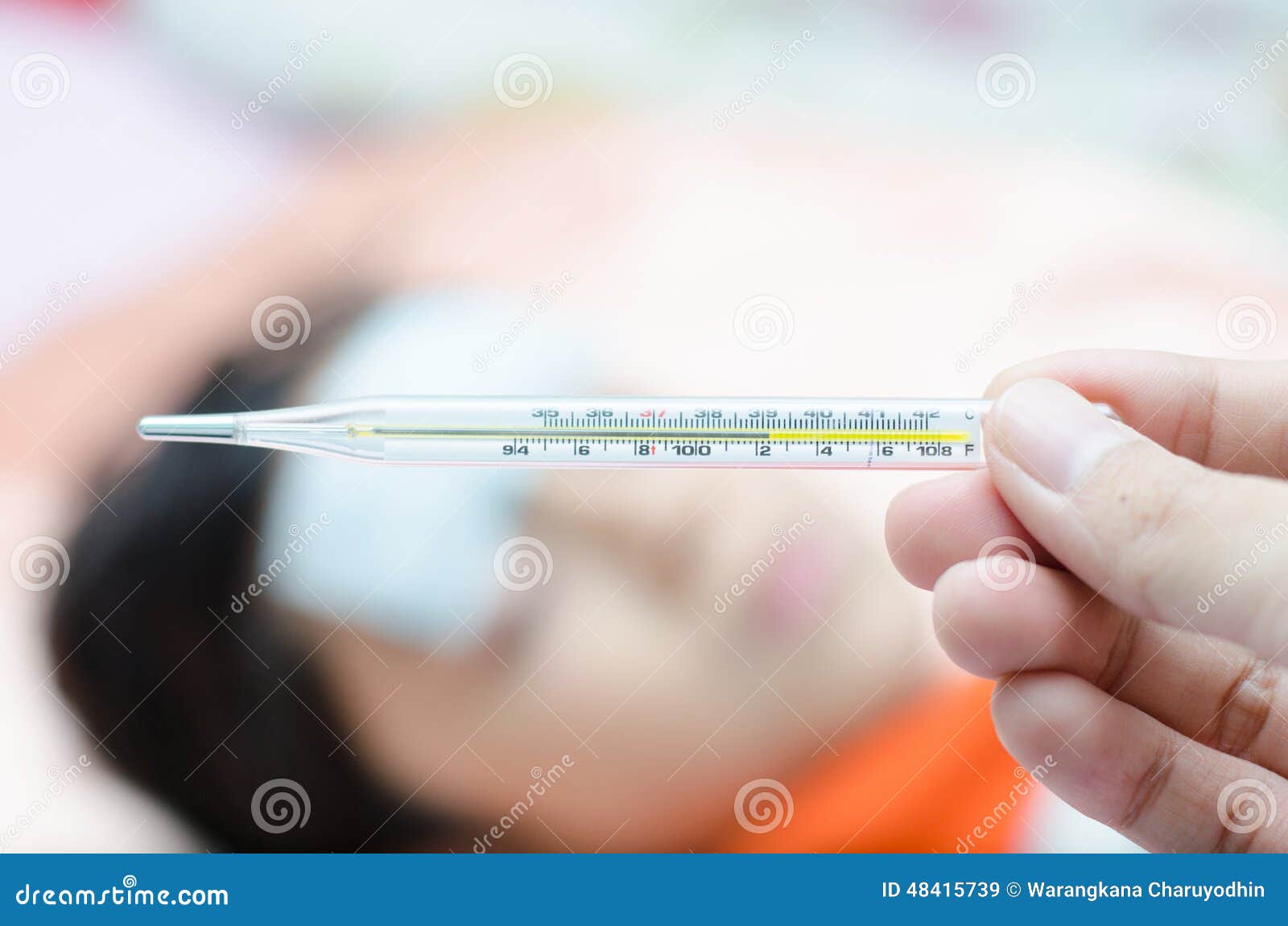 Little Sick Boy with Temperature Check Thermometer Stock Image - Image ...
