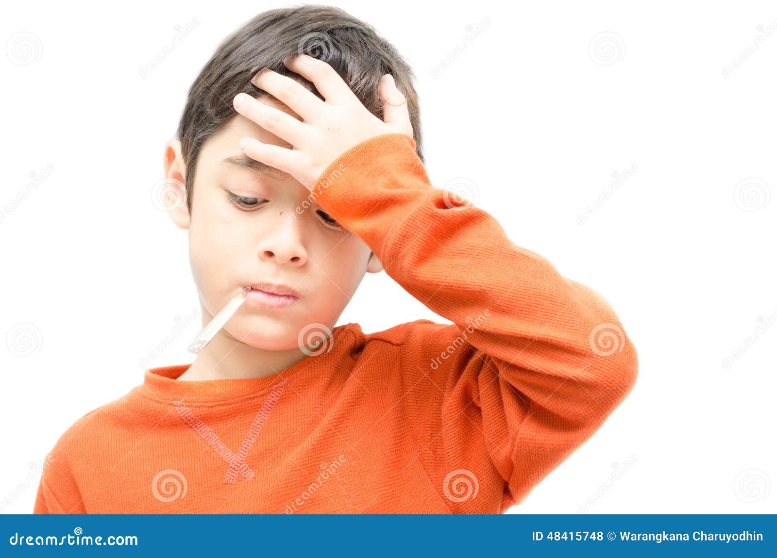 Little Sick Boy With Temperature Check Thermometer In Mouth On White ...