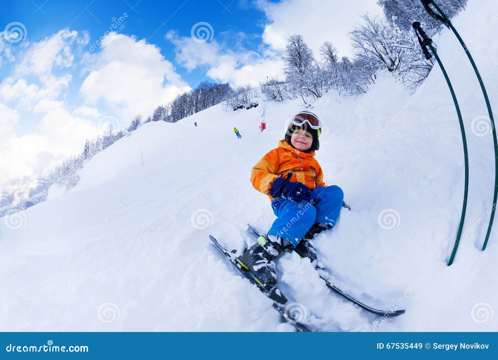 Little Skier Boy Sit with Ski in Snow Resting Stock Image - Image of ...