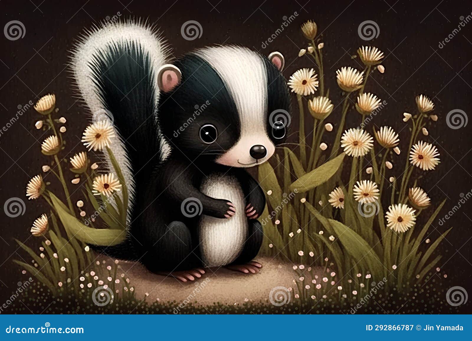 Little Skunk Sitting in the Grass with Dandelions, Illustration Stock ...