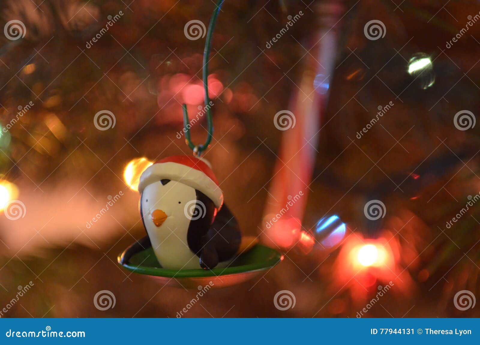 Little Sledding Penguin Ornament in Christmas Tree Stock Image - Image ...