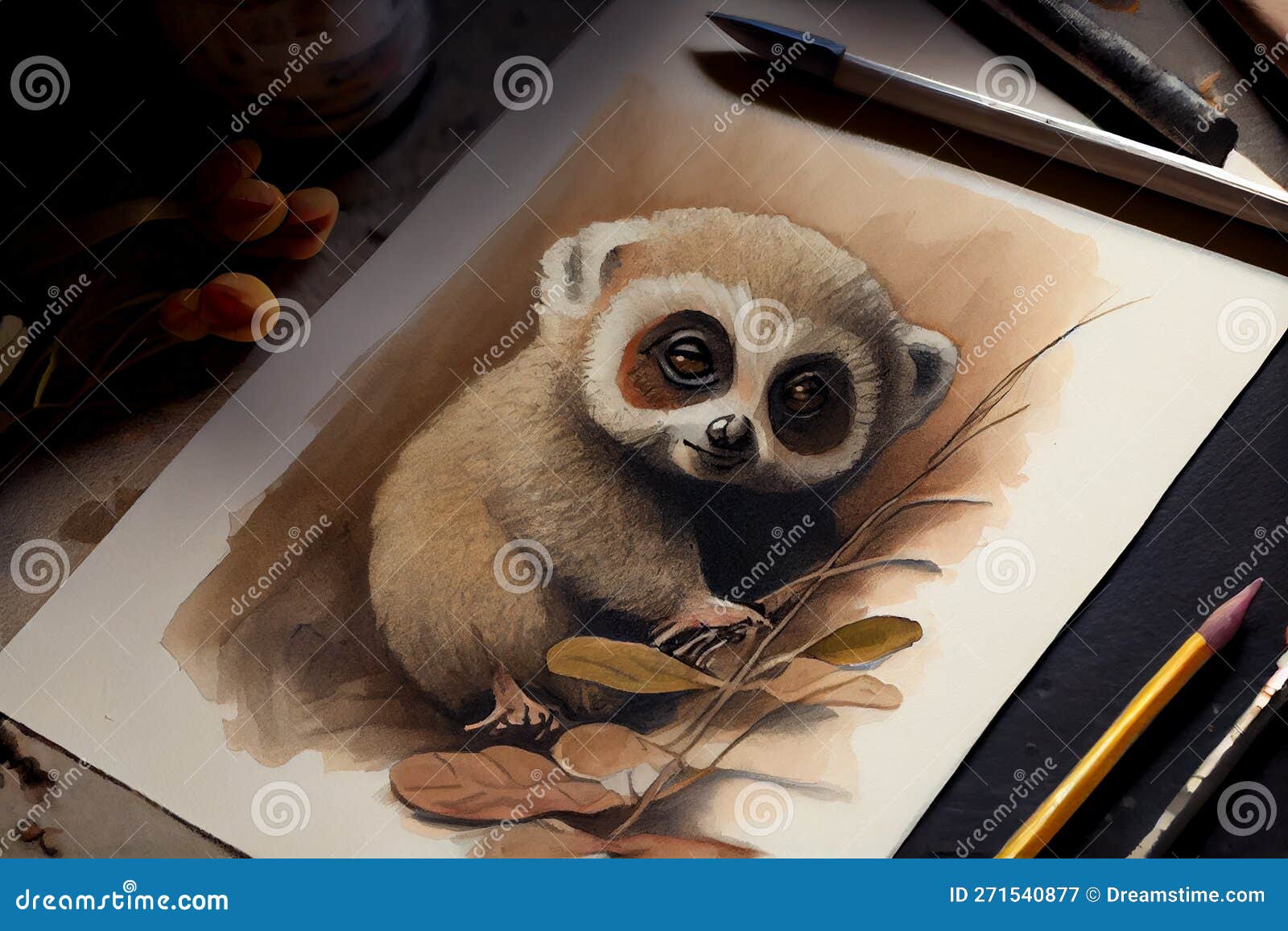 Little Slow Loris Drawing with Bit of Watercolour Stock Illustration ...