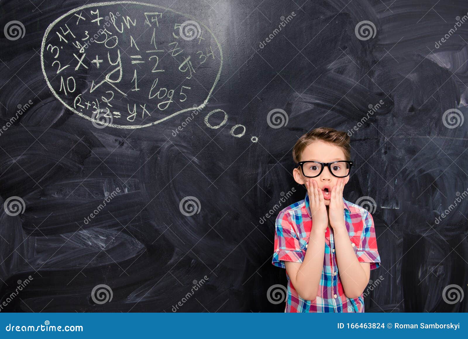 Little Smart Boy Thinking about Solving Hard Equation Stock Photo ...