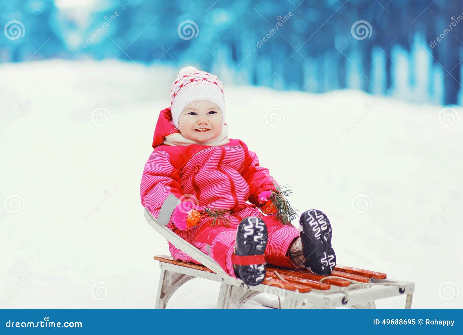 Little Smiling Baby Sledding in the Winter Stock Image - Image of ...
