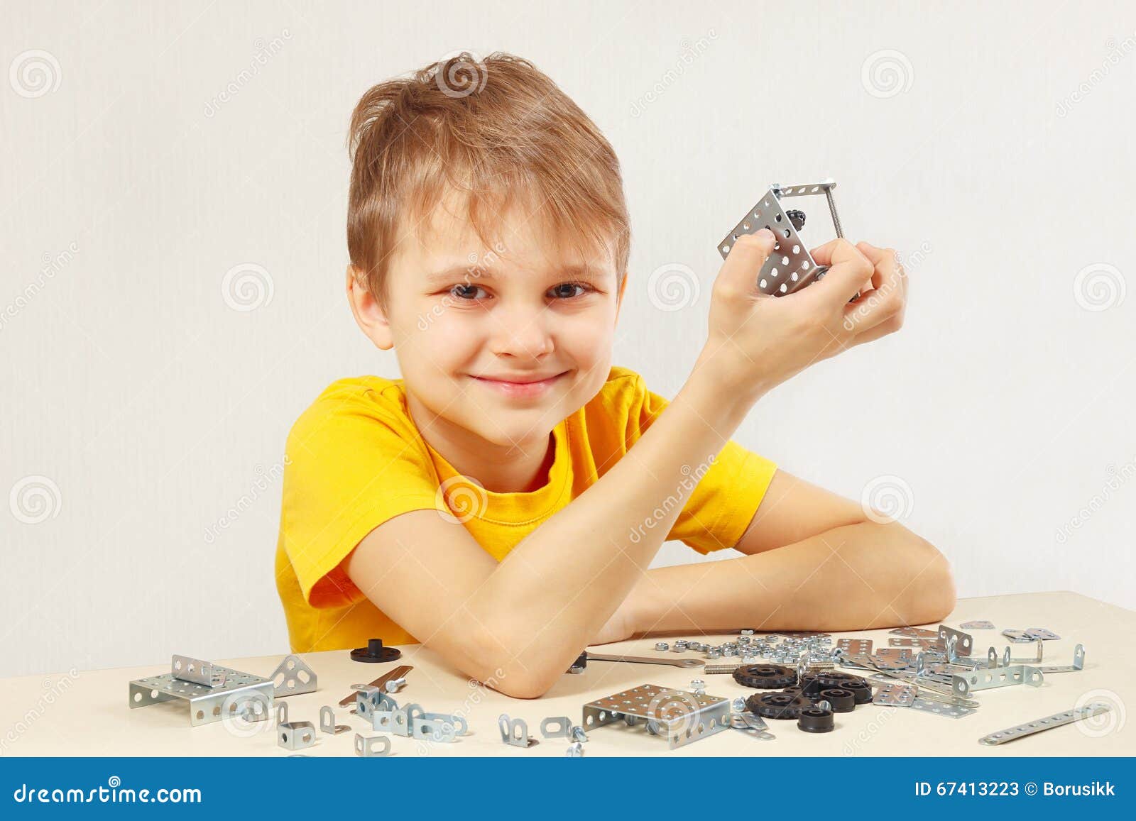 Little Smiling Boy Made Something of Mechanical Constructor Stock Image ...