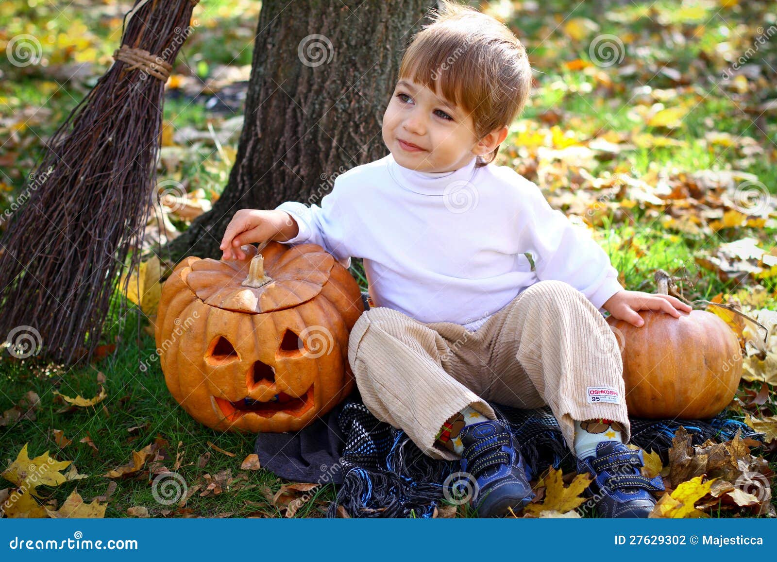 Little Smiling Boy with Two Halloween Pumpkins Stock Photo - Image of ...