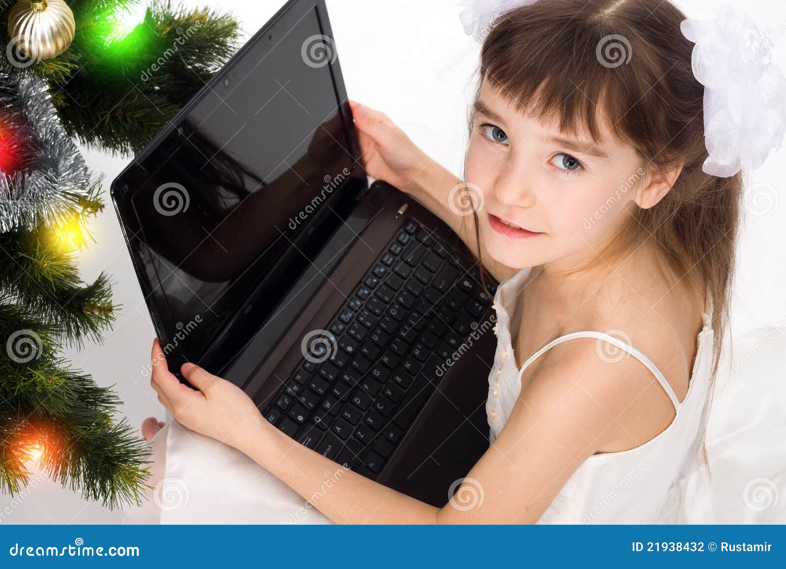 Little Smiling Girl with Laptop Computer Stock Photo - Image of ...