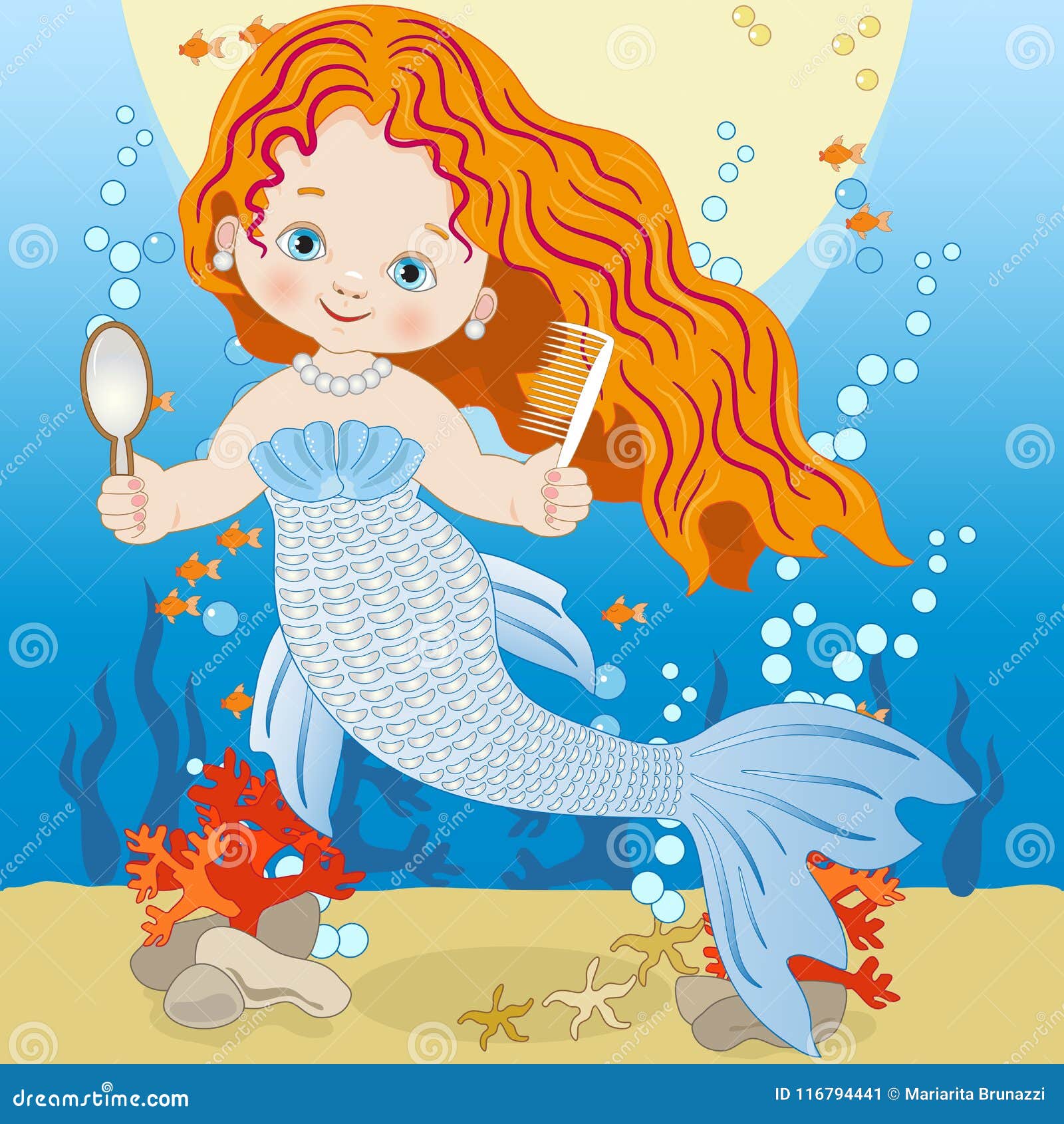 Little Smiling Mermaid with Comb and Mirror Stock Vector - Illustration ...